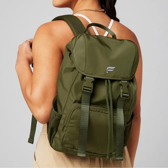 Fabletics | Bags | Nwt Fabletics The Cargo Backpack In Dark Moss Shine ...